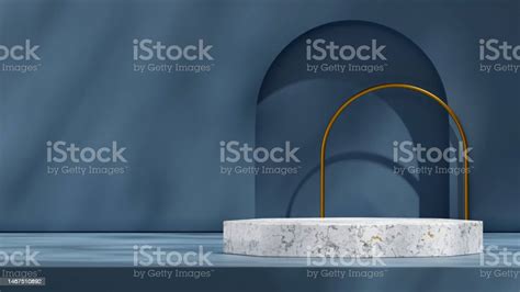 풍경 골드 아치와 그림자 블루 벽 3d 렌더링 이미지 빈 모형 흰색 블록 대리석 연단 대리석에 대한 스톡 사진 및 기타 이미지 대리석 강단 배경막 Istock