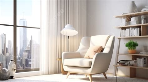 현대적인 인테리어 장식 3d 일러스트레이션 및 Cg 렌더링을 사용하여 디자인된 세련된 안락의자가 있는 스칸디나비아 스타일의 거실 라운지 의자 소파 의자 침상 배경