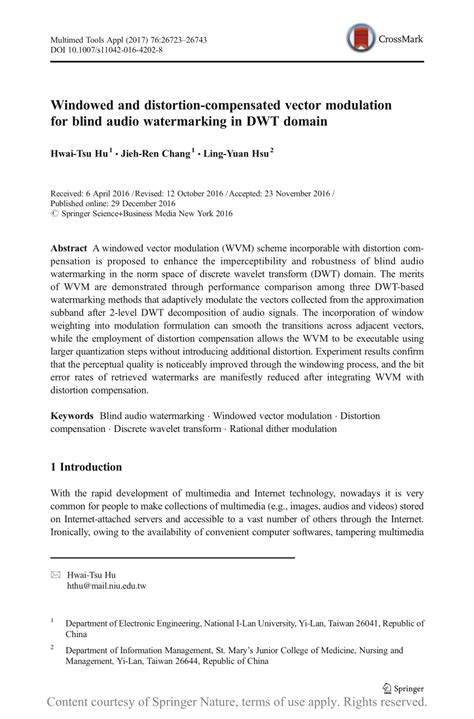 Windowed And Distortion Compensated Vector Modulation For Blind Audio Watermarking In Dwt Domain