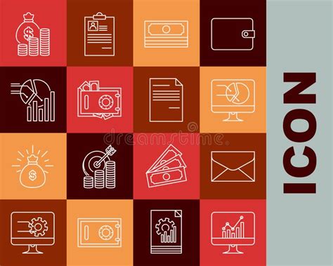 Set Line Computer Monitor With Graph Chart Envelope Stacks Paper Money Cash Safe And Pie