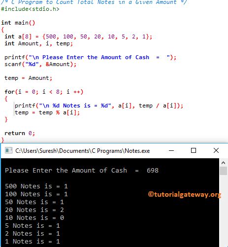 c program to count total notes in a given amount