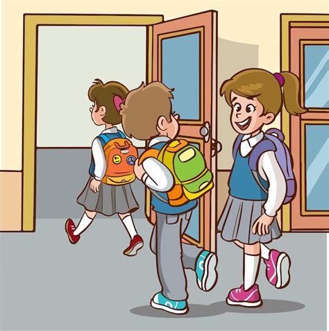 학교 벡터 일러스트 레이 션에가는 아이들 프리미엄 벡터