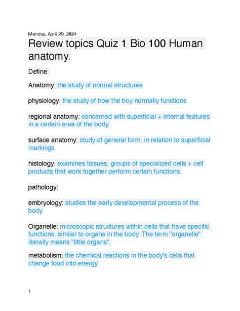 BIO100 Quiz 1 Study Guide Notes Monday April 29 2024 Review Topics Quiz 1 Bio 100 Human