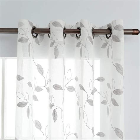 Gray Leaf Embroidered Sheer Curtains Set Of 2 Panels