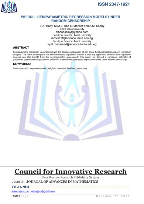 Pdf Weibull Semiparametric Regression Models Under Random Censorship