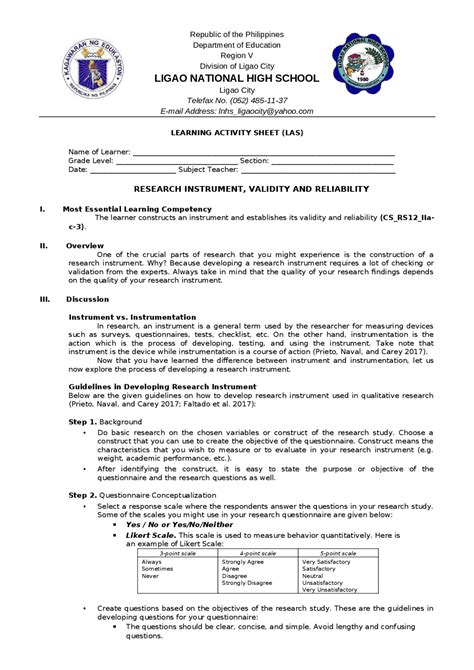 Research Instrument Validity And Reliability Exercises English Docsity
