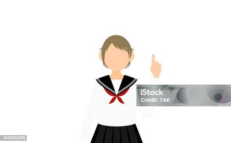 하얀 학교 선원 유니폼을 입은 소녀 배짱의 포즈를 취하십시오 가리키기에 대한 스톡 벡터 아트 및 기타 이미지 가리키기 가린 얼굴 결정 Istock