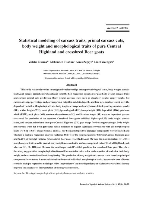Pdf Statistical Modeling Of Carcass Traits Primal Carcass Cuts Body Weight And Morphological