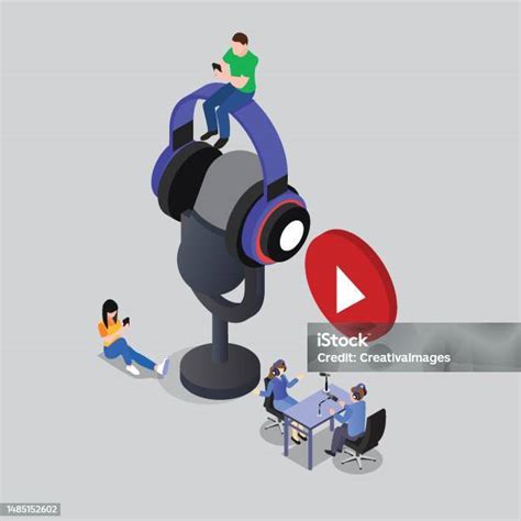 팟캐스트 오디오 3d 아이소메트릭을 녹음하고 듣는 사람들 청중에 대한 스톡 벡터 아트 및 기타 이미지 청중 라디오 만화 Istock