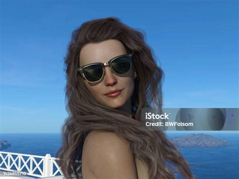 선글라스를 착용한 카메라를 향해 고개를 돌린 여성의 3d 일러스트레이션 갈색에 대한 스톡 사진 및 기타 이미지 갈색 관광객 구름 Istock