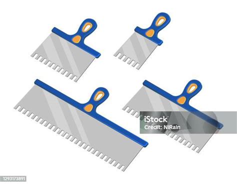 벽 작업자의 동급 벡터 일러스트레이션은 흰색으로 분리된 흙을 노치합니다 다른 크기 퍼티 나이프 벡터 아이콘 세트 파란색과 노란색