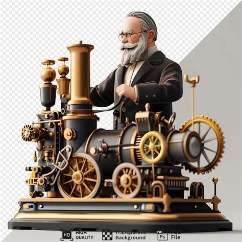 스팀 크 발명가가가 복잡한 기어와 파이프를 가진 증기 기관을 작동하는 3d 일러스트레이션은 투명한 배경에 황금 억양으로 렌더링됩니다 프리미엄 Ai 생성 Psd