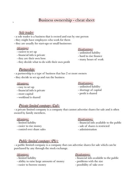 Business Ownership Cheat Sheet Sole Trader A Sole Trader Is A Business That Is Owned And
