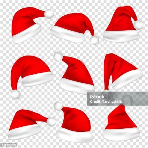 크리스마스 산타 클로스 모자 세트입니다 새 해 투명 한 배경에 고립 된 빨간 모자입니다 벡터 일러스트 레이 션 0명에 대한 스톡 벡터 아트 및 기타 이미지 Istock