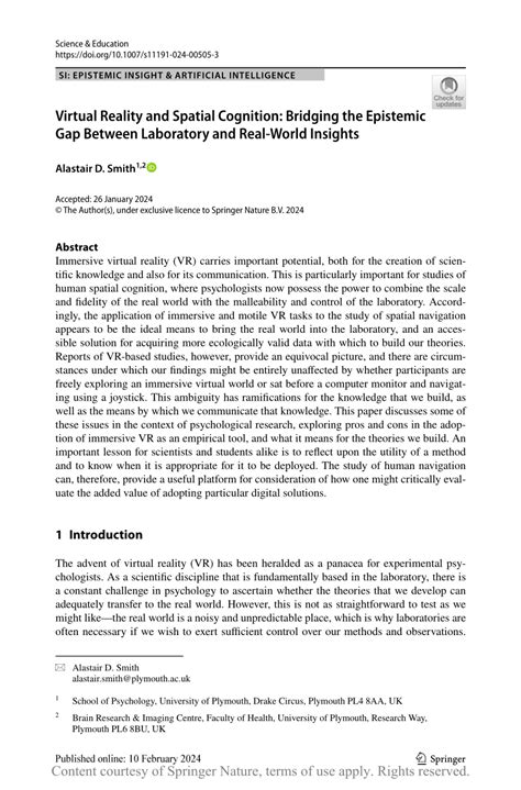 Virtual Reality And Spatial Cognition Bridging The Epistemic Gap