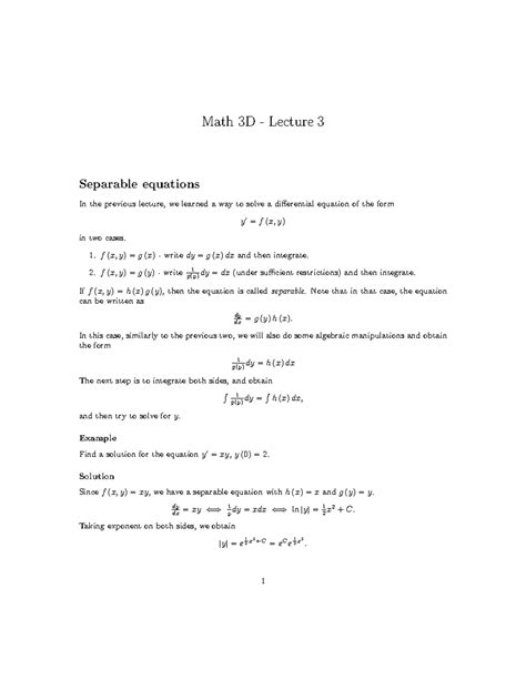 Math 3d Lecture 3 Solving Separable Differential Equations Math 3d