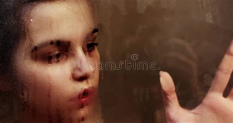 Woman Touching Steamy Shower Glass With Hand Closeup Stock Video Video Of Shower Mysterious