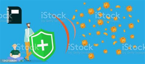 면역 체계 벡터 아이콘 로고 박테리아 건강 바이러스에 대한 보호 인간의 세균의 의료 예방 건강한 남자와 여자는 방패 뒤에 서서 박테리아의 공격을 격퇴 감기와 독감에 대한