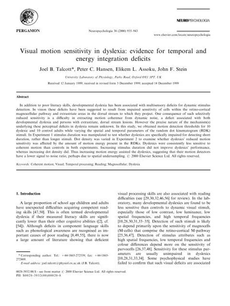 Visual Motion Sensitivity In Dyslexia Evidence For Temporal And