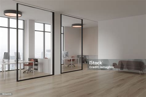 업무 공간과 휴식 공간 유리 칸막이 및 창문이 있는 흰색 사무실 인테리어 0명에 대한 스톡 사진 및 기타 이미지 0명 3차원 형태 가구 Istock