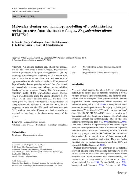 Pdf Molecular Cloning And Homology Modelling Of A Subtilisin Like Serine Protease From The