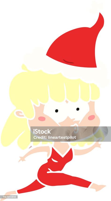 산타 모자를 쓰고 달리는 여자의 손으로 그린 평면 컬러 그림 낙서 드로잉에 대한 스톡 벡터 아트 및 기타 이미지 낙서 드로잉 달리기 등장인물 Istock