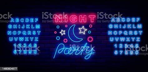 나이트 파티 네온 라벨 벽돌 벽에 빛나는 달과 별 빛나는 전단지 빛나는 파란색 알파벳입니다 벡터 그림 Dj에 대한 스톡 벡터 아트 및 기타 이미지 Istock