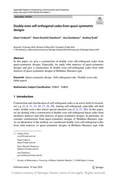 Doubly Even Self Orthogonal Codes From Quasi Symmetric Designs Request Pdf