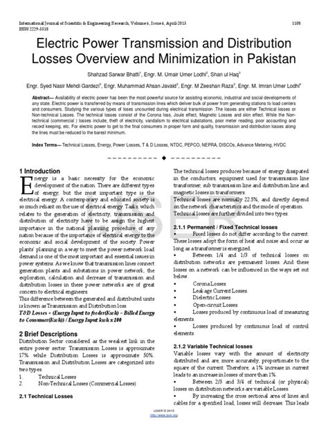 Electric Power Transmission And Distribution Losses Overview And Minimization In Pakistan Pdf