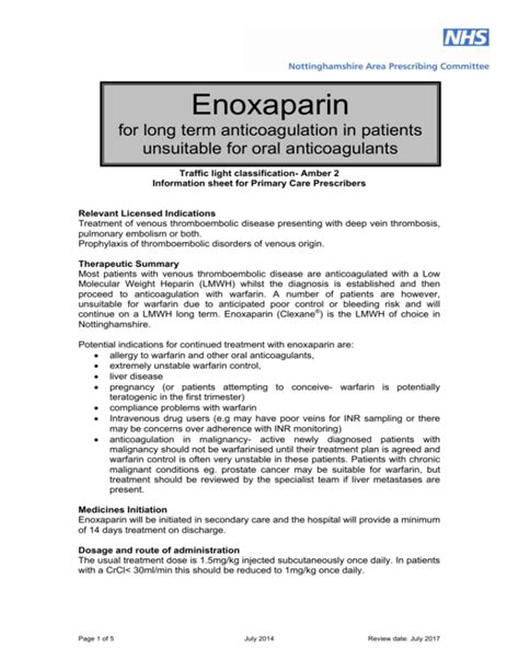 Enoxaparin Guide For Primary Care Prescribers