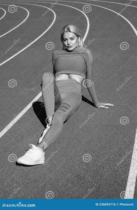 Sexual Athletic Woman In Fitness Costume Relax On Running Track Sport Stock Photo Image Of