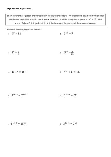 Exponential Equations Worksheet