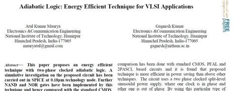 Adiabatic Logic Energy Efficient Technique For Vlsi Applications