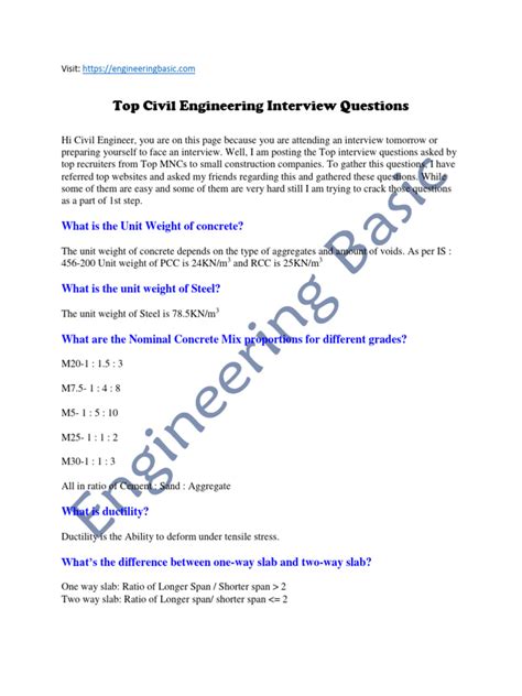 Top Civil Engineering Interview Questions Pdf Concrete Physical Sciences