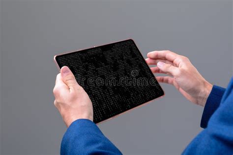 Hands Of Caucasian Male Programmer Using Tablet With Coding On Screen