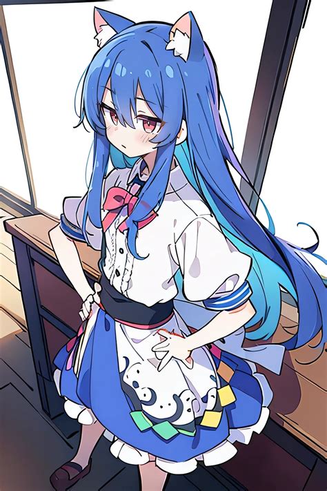 파란 머리에 고양이 귀와 흰 셔츠를 입은 애니메이션 소녀 Seaart Ai