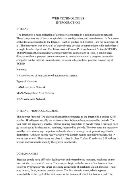 Web Notes Web Technologies Introduction Internet The Internet Is A Huge Collection Of