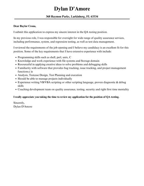 QA Testing Cover Letter Velvet Jobs