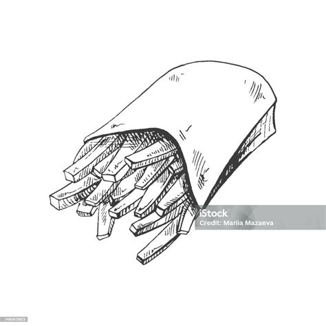 흰색 배경에 격리된 상자에 손으로 그린 감자 튀김 스케치 패스트 푸드 그림입니다 빈티지 그림 라벨 포장 및 엽서 디자인을위한 요소 감자 요리에 대한 스톡 벡터 아트 및 기타