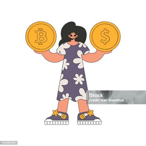 비트코인과 달러를 들고 있는 여자 캐릭터 트렌디 스타일 개념에 대한 스톡 벡터 아트 및 기타 이미지 개념 그래프 금속 Istock