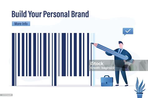 사업가는 연필과 그림 바코드를 사용합니다 회사 아이덴티티 또는 개인 브랜드 개념 구축 상표 홍보 거대한 바코드 기호입니다 브랜드 디자인 제작 과정 Qr코드에 대한 스톡 벡터