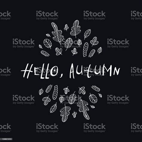 벡터 손으로 그린 안녕하세요 가을 꽃 배너 템플릿입니다 검은 색 배경에 격리 된 원 모양의 리프 컬렉션이있는 흰색 텍스트입니다 포스터 배경에 대 한 계절 일러스트를 디자인
