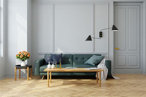 나무 바닥과 흰 벽 3d 렌더링에 벽 램프와 녹색 거실 소파의 현대 빈티지 인테리어 소파에 대한 스톡 사진 및 기타 이미지 소파 예술 파란색 Istock