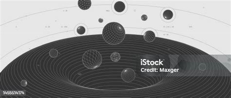 이상한 추상 현대 와이어프레임 3d 기하학적 모양 그래픽 구성 디자인 벡터 배경 블랙홀 웜홀에서 날아다니는 공 과학적 삽화 미래주의에 대한 스톡 벡터 아트 및 기타 이미지