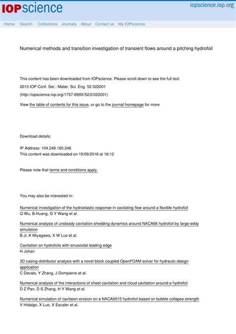 Pdf Numerical Methods And Transition Investigation Of Transient Flows Around A Pitching Hydrofoil
