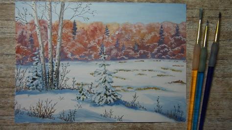 Art Рисуем простой зимний пейзаж гуашь Зимний лес 2019 Youtube