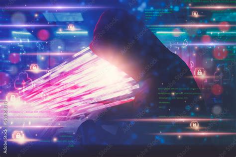 Hacker In Hoodie Attack Laptop Computerdangerous Data Server And Infects System Binary Code