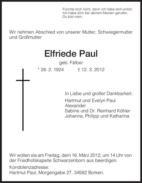 Traueranzeigen Von Elfriede Paul Trauer Hna De