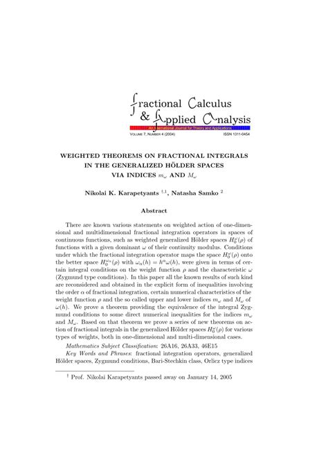 Pdf Weighted Theorems On Fractional Integrals In The Generalized Hölder Spaces Via Indices Mω