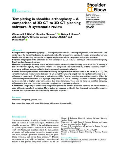 Pdf Templating In Shoulder Arthroplasty A Comparison Of 2d Ct To 3d